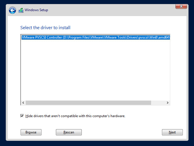 VMware/Windows Server - Driver PVSCSI sans Floppy "No signed device drivers were found ...